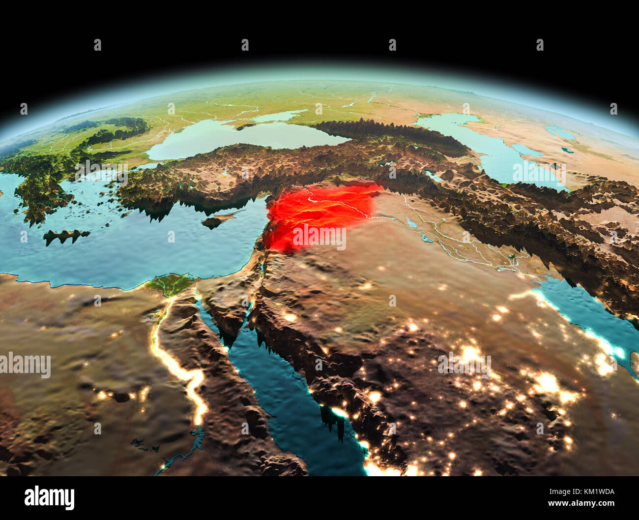 Morning above Syria highlighted in red on model of planet Earth in ...