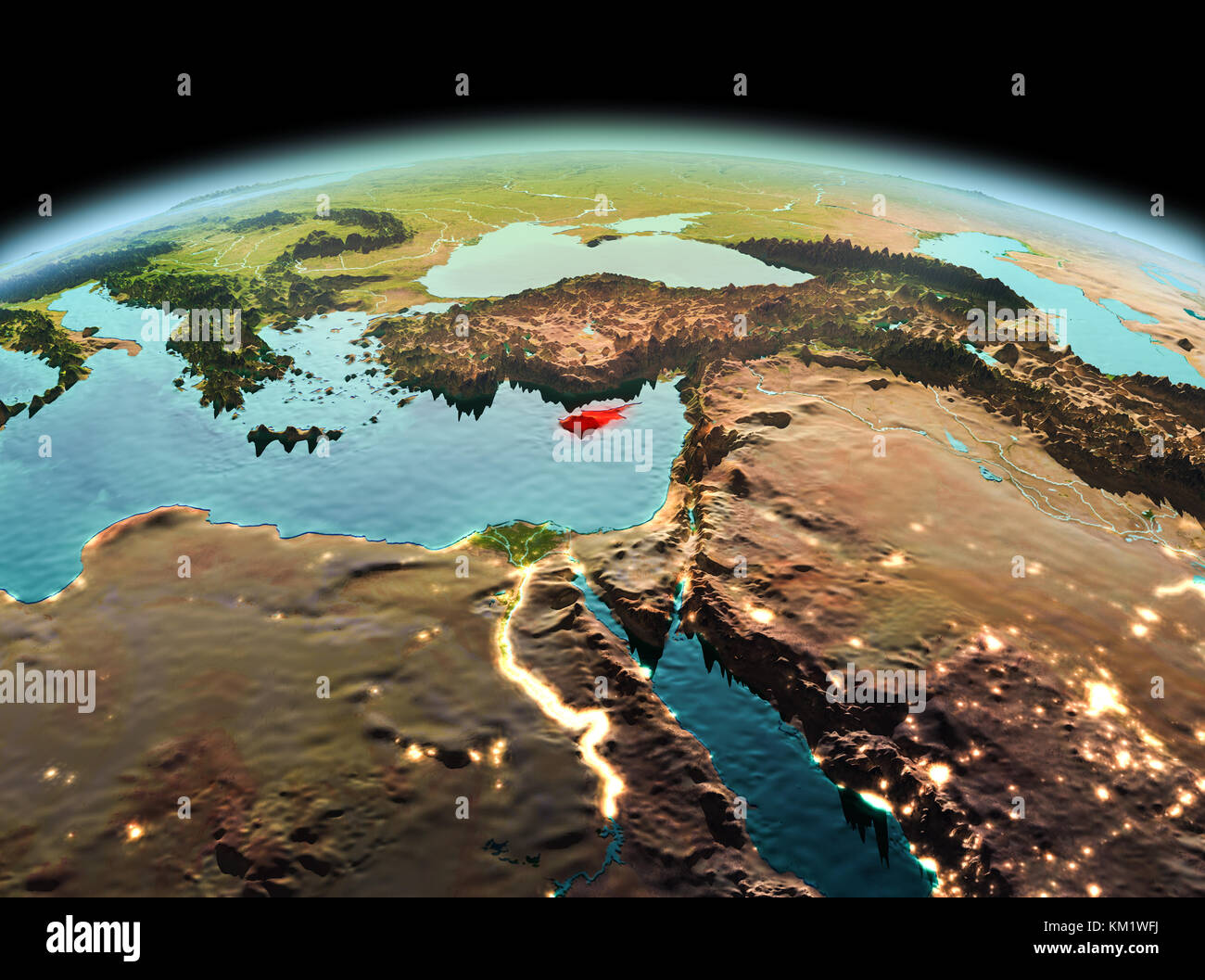 Morning above Cyprus highlighted in red on model of planet Earth in ...