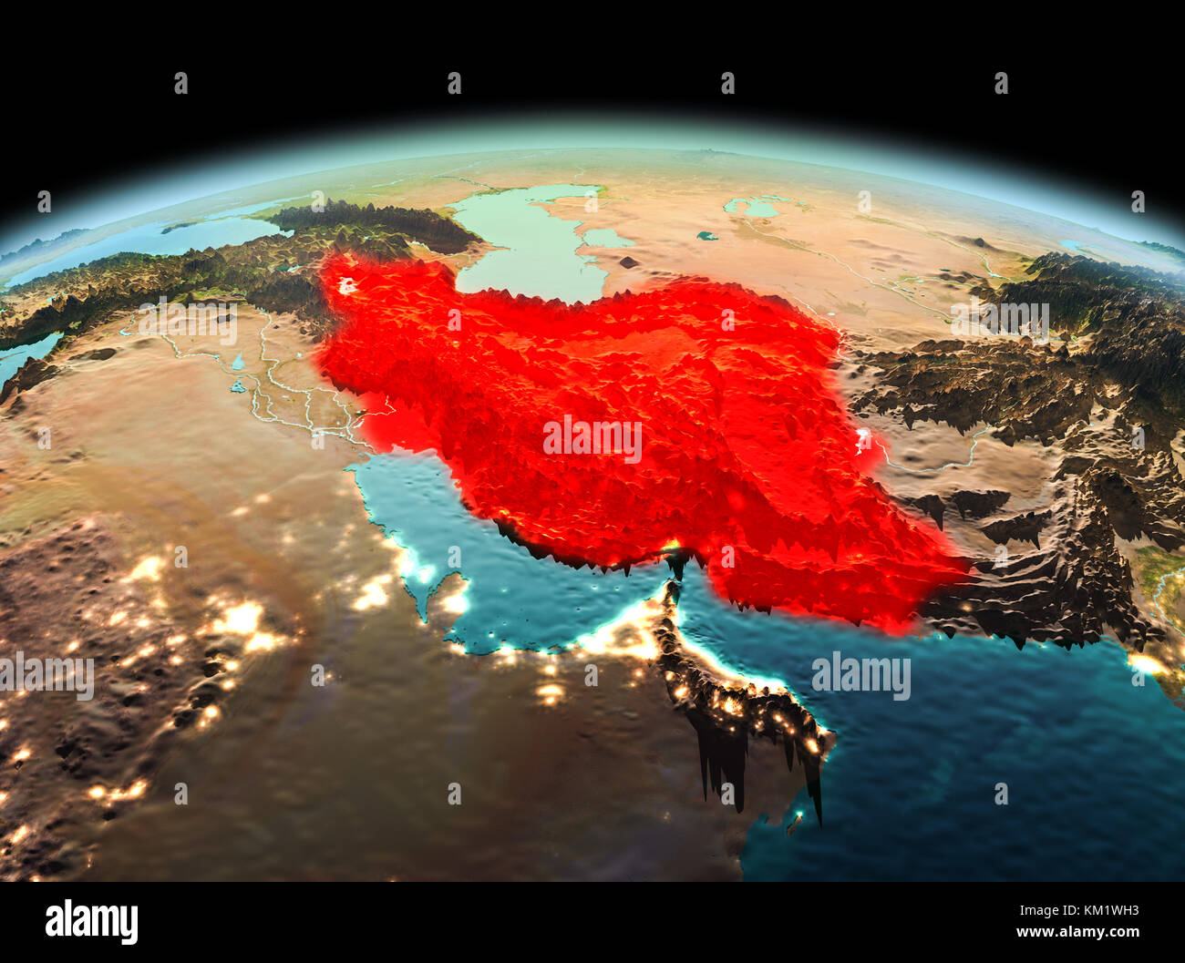 Morning above Iran highlighted in red on model of planet Earth in space ...