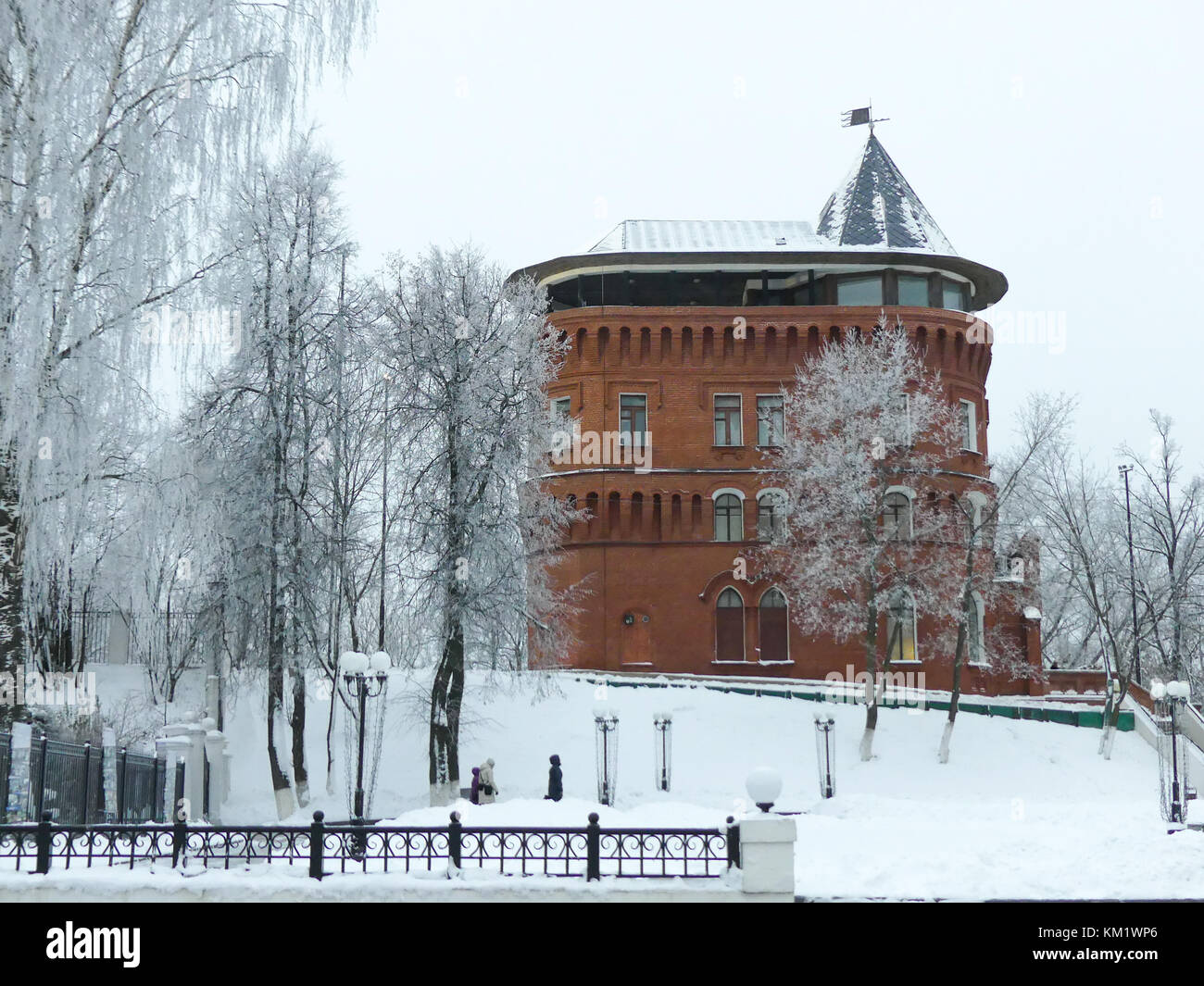 Wide shot winter snowy landscape red brick building snow Stock Photo ...