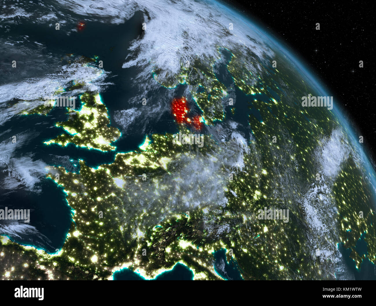 Night above Denmark highlighted in red on model of planet Earth in space. 3D illustration ...