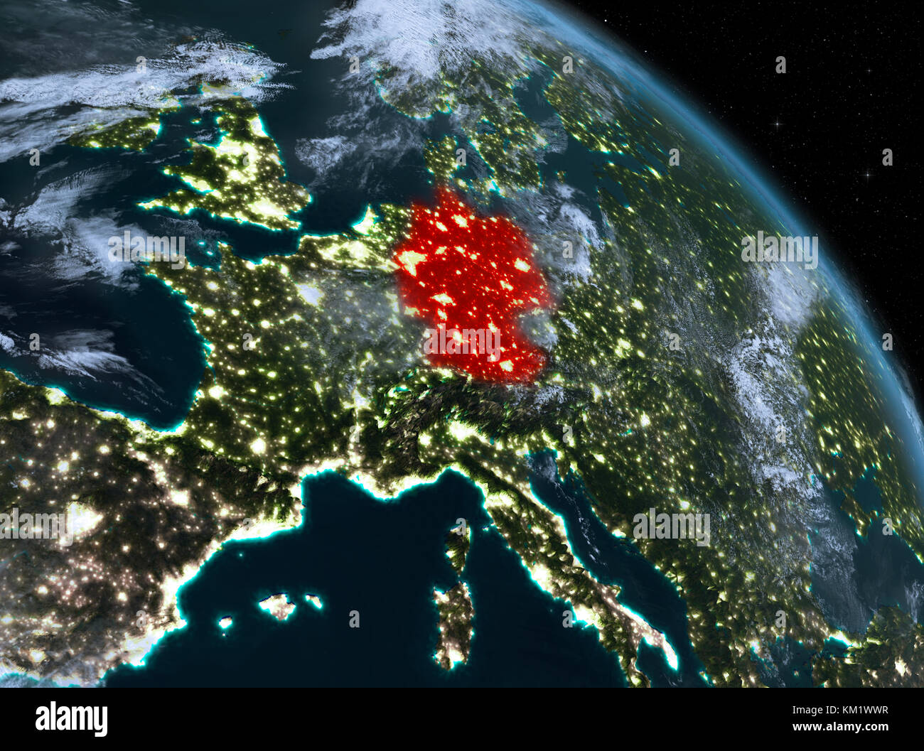 Night above Germany highlighted in red on model of planet Earth in ...
