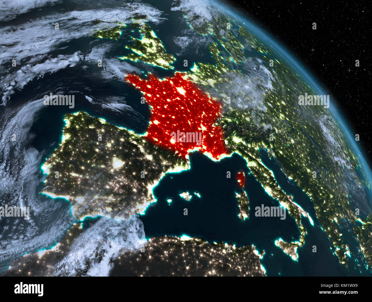 Night above France highlighted in red on model of planet Earth in space ...