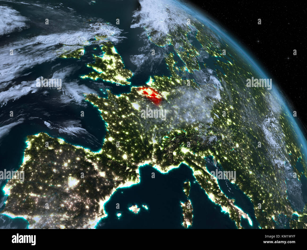 Night above Belgium highlighted in red on model of planet Earth in space. 3D illustration ...