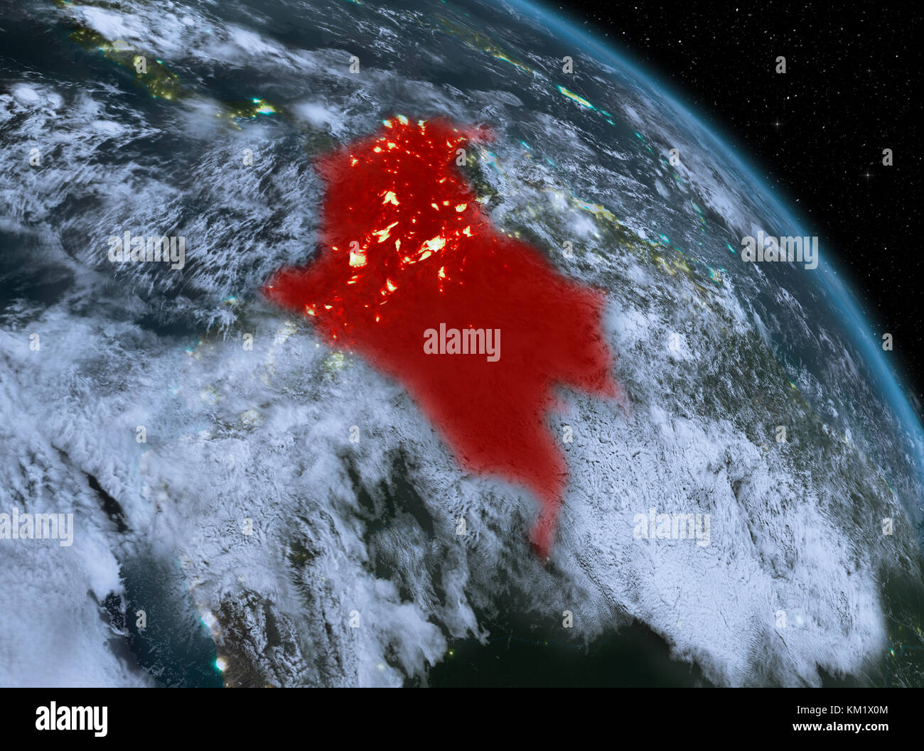 Night above Colombia highlighted in red on model of planet Earth in ...