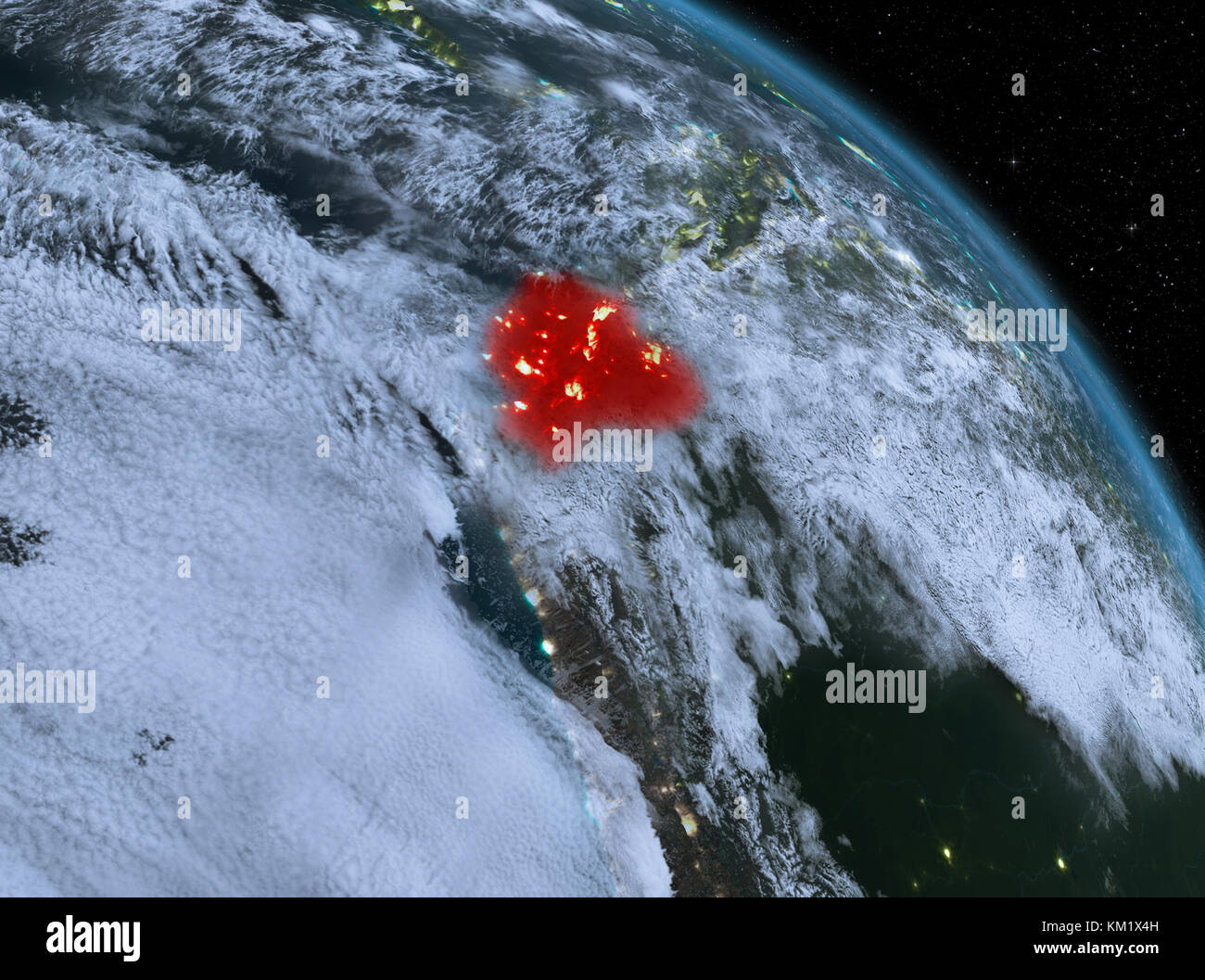 Night above Ecuador highlighted in red on model of planet Earth in space. 3D illustration ...