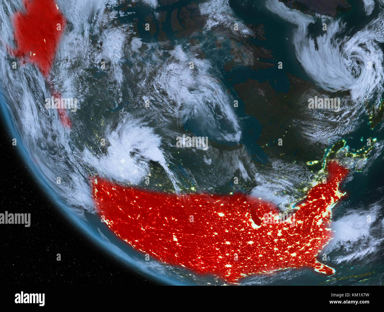 USA at night highlighted in red on planet Earth with clouds. 3D ...