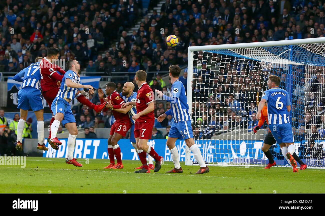 Emre Can of Liverpool heads in the opening goal during the Premier ...