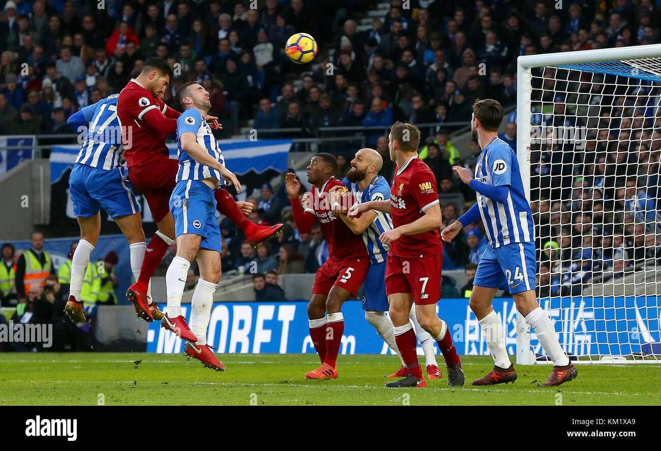 Emre Can of Liverpool heads in the opening goal during the Premier ...