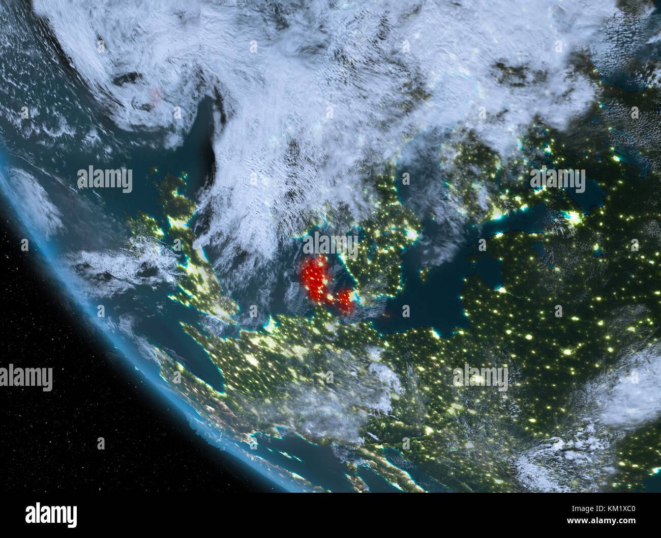 Denmark at night highlighted in red on planet Earth with clouds. 3D illustration. Elements of ...