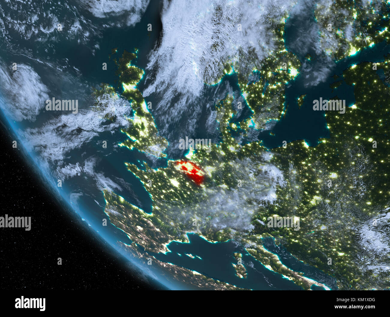 Belgium at night highlighted in red on planet Earth with clouds. 3D illustration. Elements of ...