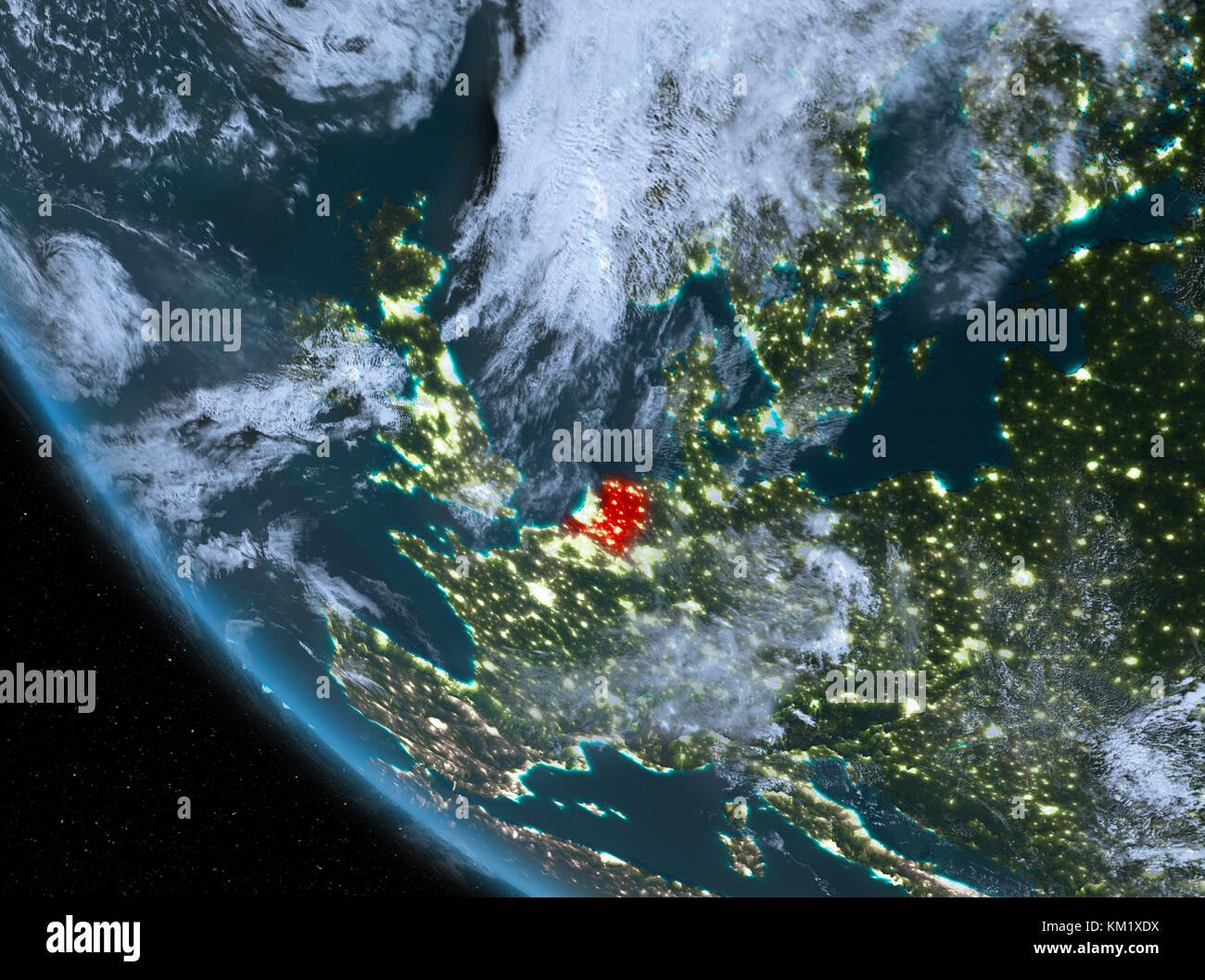 Netherlands at night highlighted in red on planet Earth with clouds. 3D ...