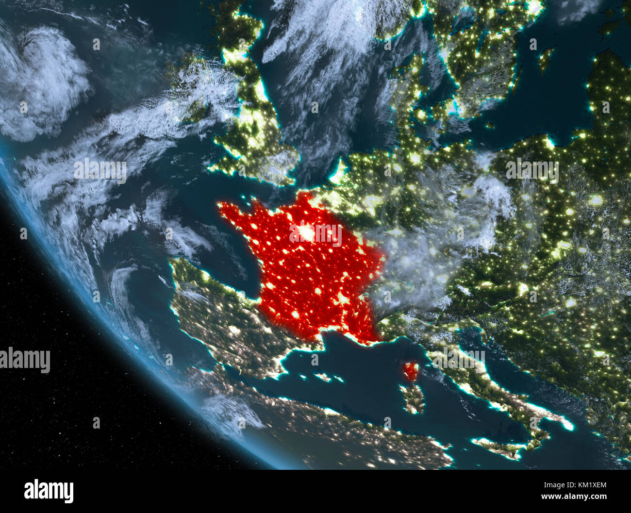 France at night highlighted in red on planet Earth with clouds. 3D ...