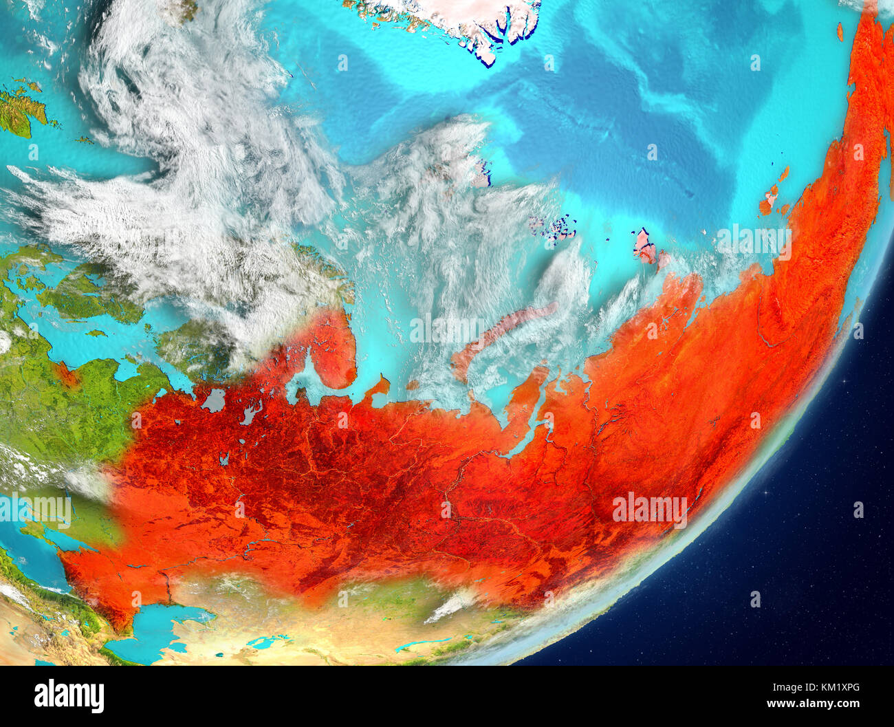 Satellite view of Russia highlighted in red on planet Earth with clouds ...