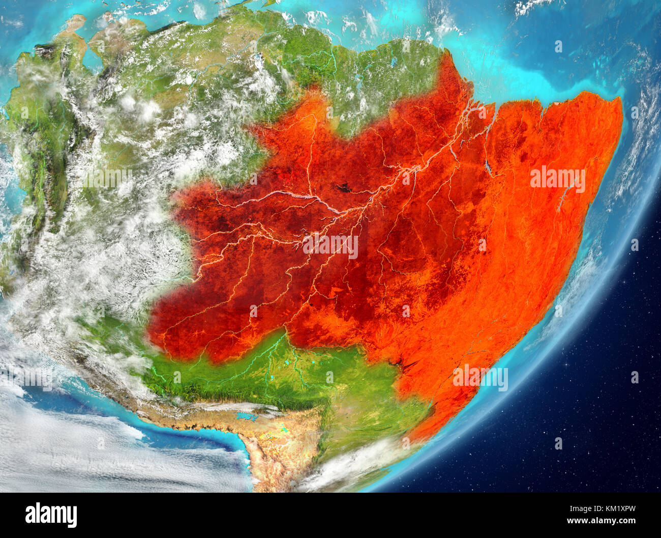 Satellite view of Brazil highlighted in red on planet Earth with clouds ...