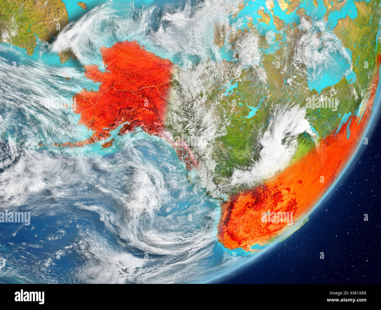Satellite view of USA highlighted in red on planet Earth with clouds ...