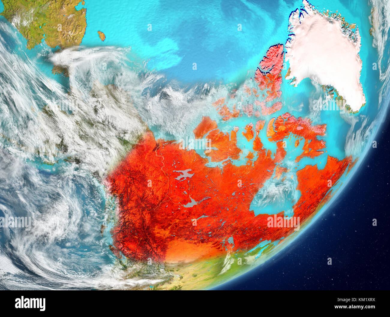 Satellite view of Canada highlighted in red on planet Earth with clouds ...