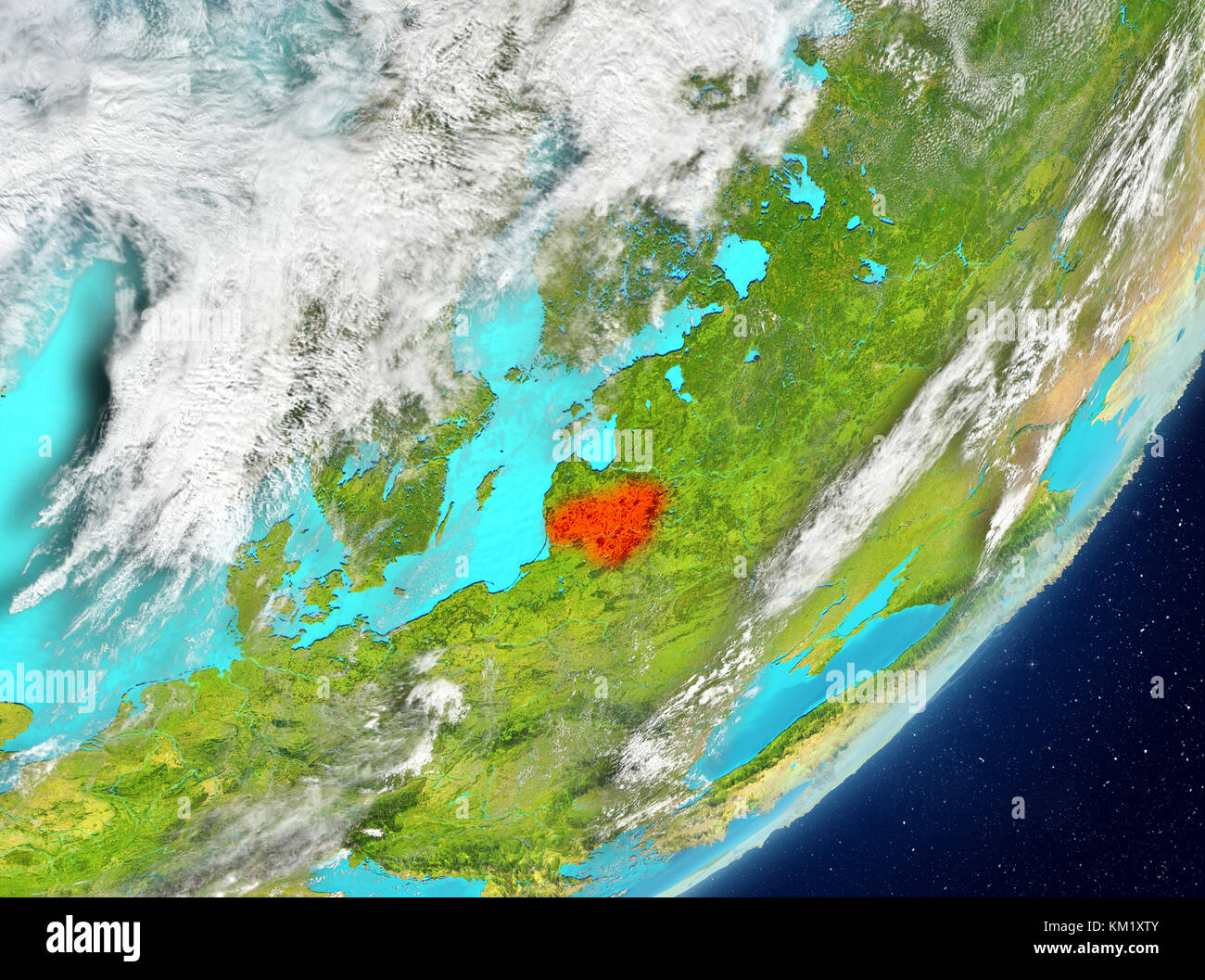 Satellite view of Lithuania highlighted in red on planet Earth with ...