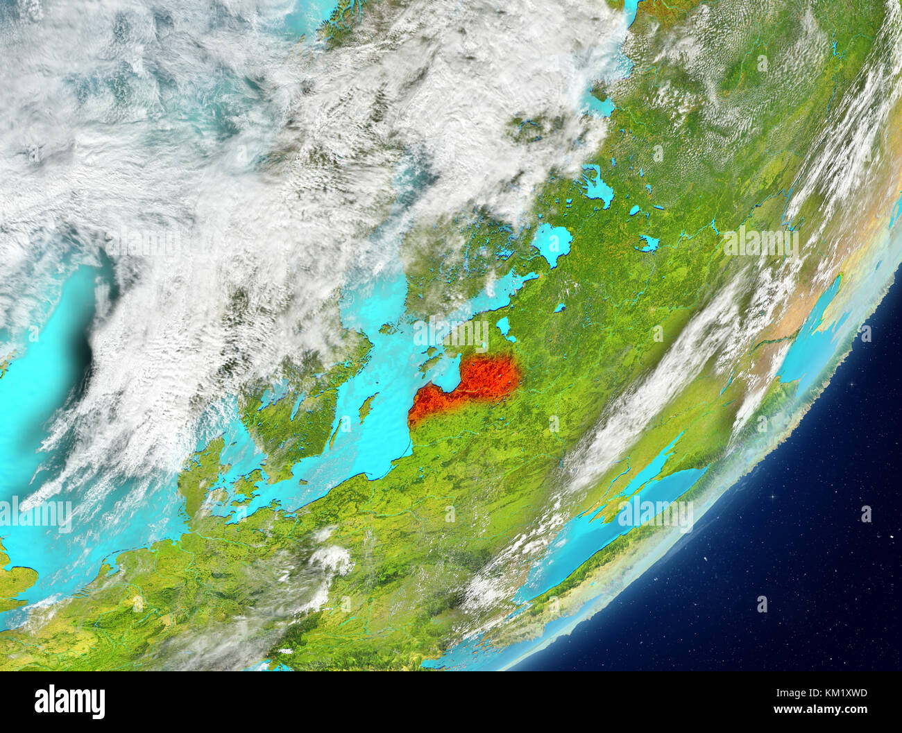 Satellite view of Latvia highlighted in red on planet Earth with clouds ...