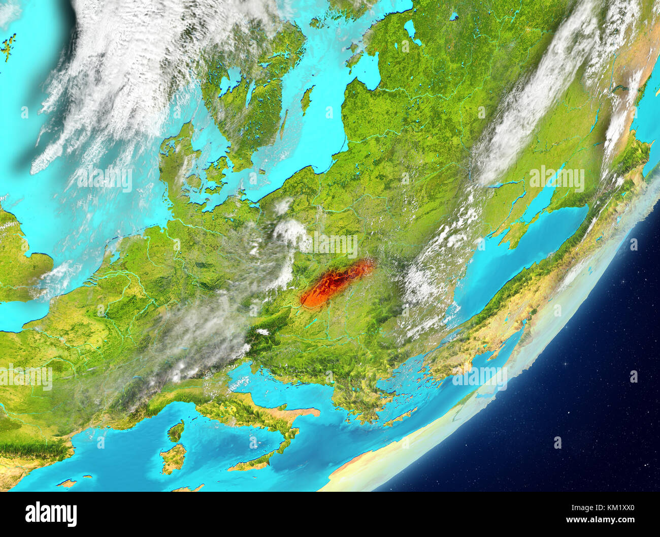 Satellite view of Slovakia highlighted in red on planet Earth with clouds. 3D illustration ...