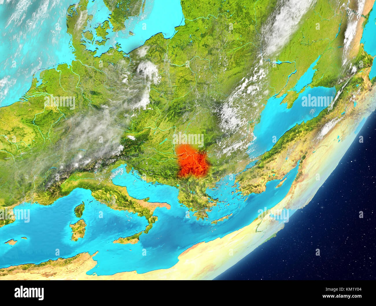 Satellite view of Serbia highlighted in red on planet Earth with clouds ...