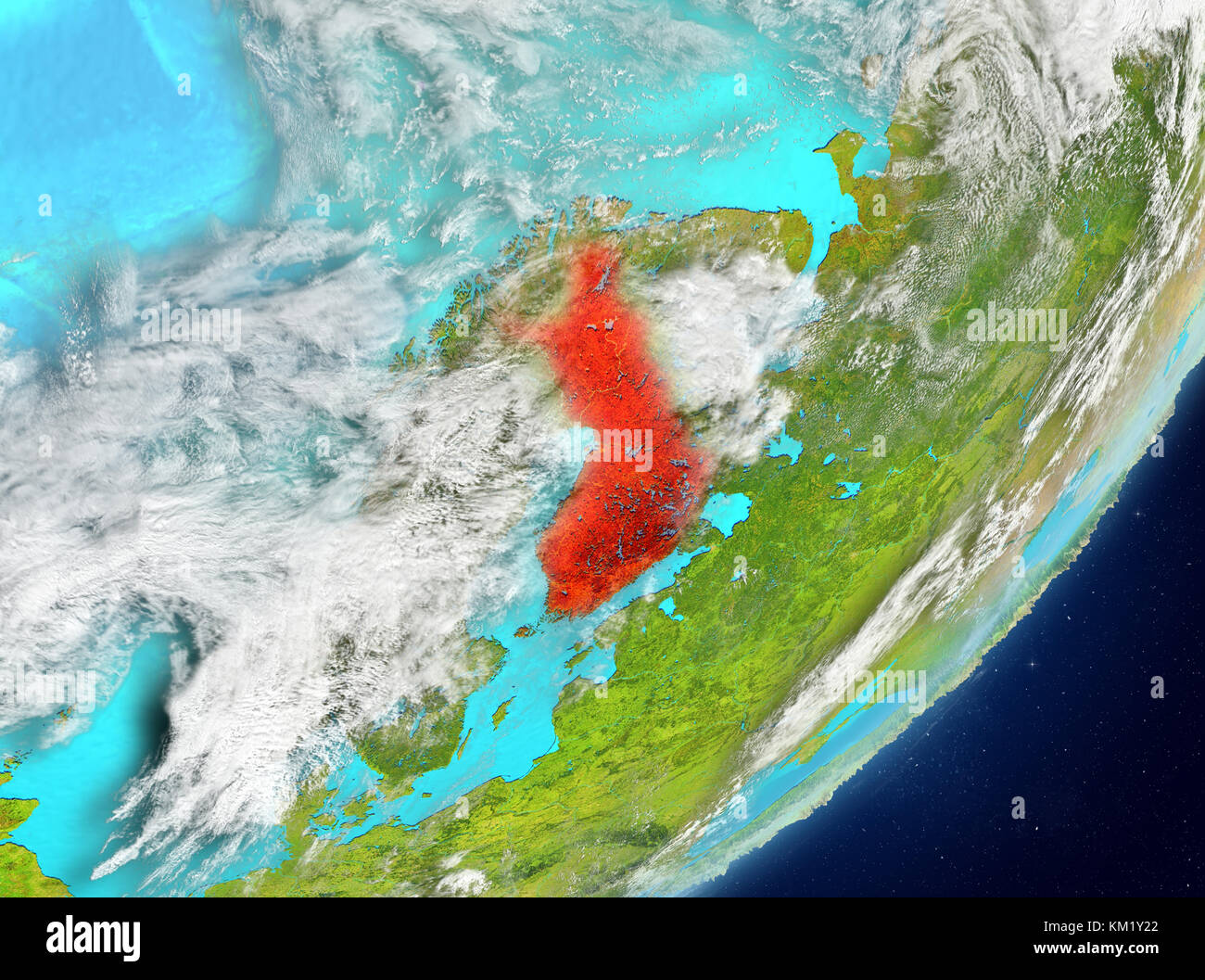 Satellite view of Finland highlighted in red on planet Earth with ...