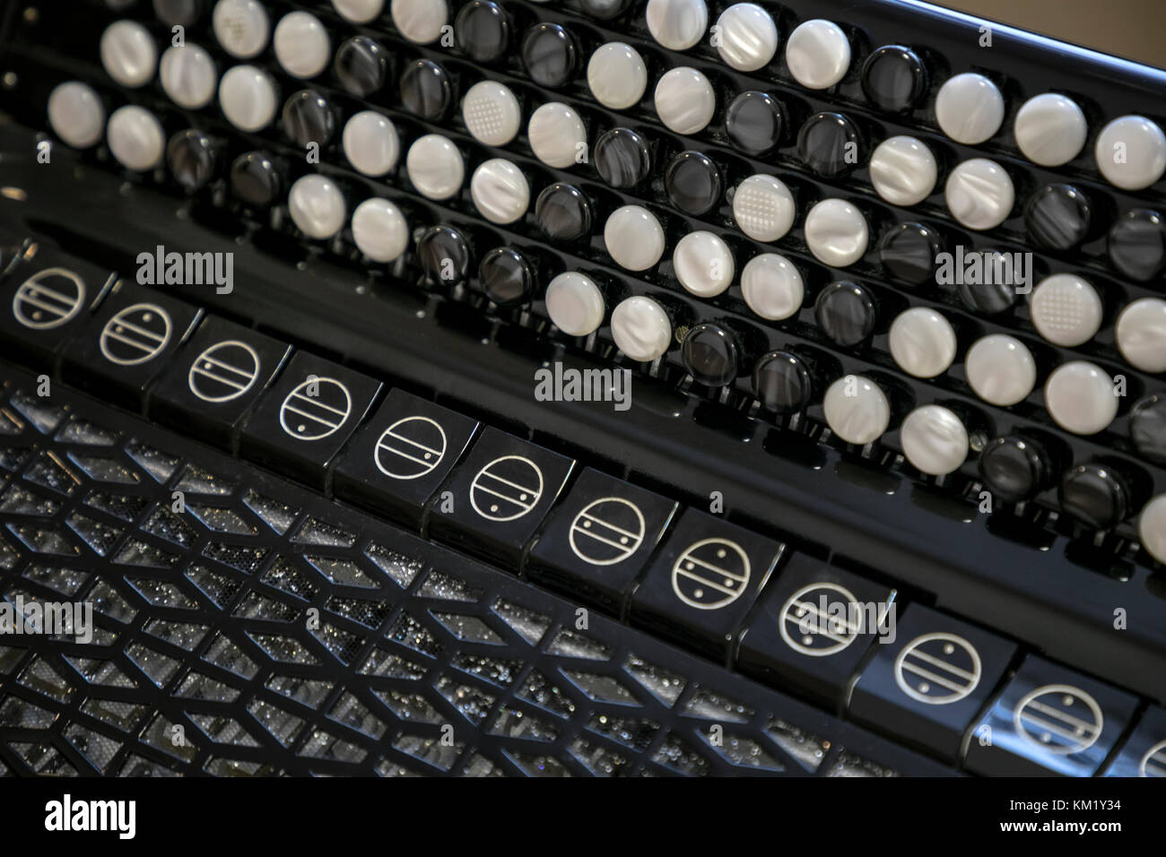 Old musical instrument Russian bayan - button accordion close-up Stock ...