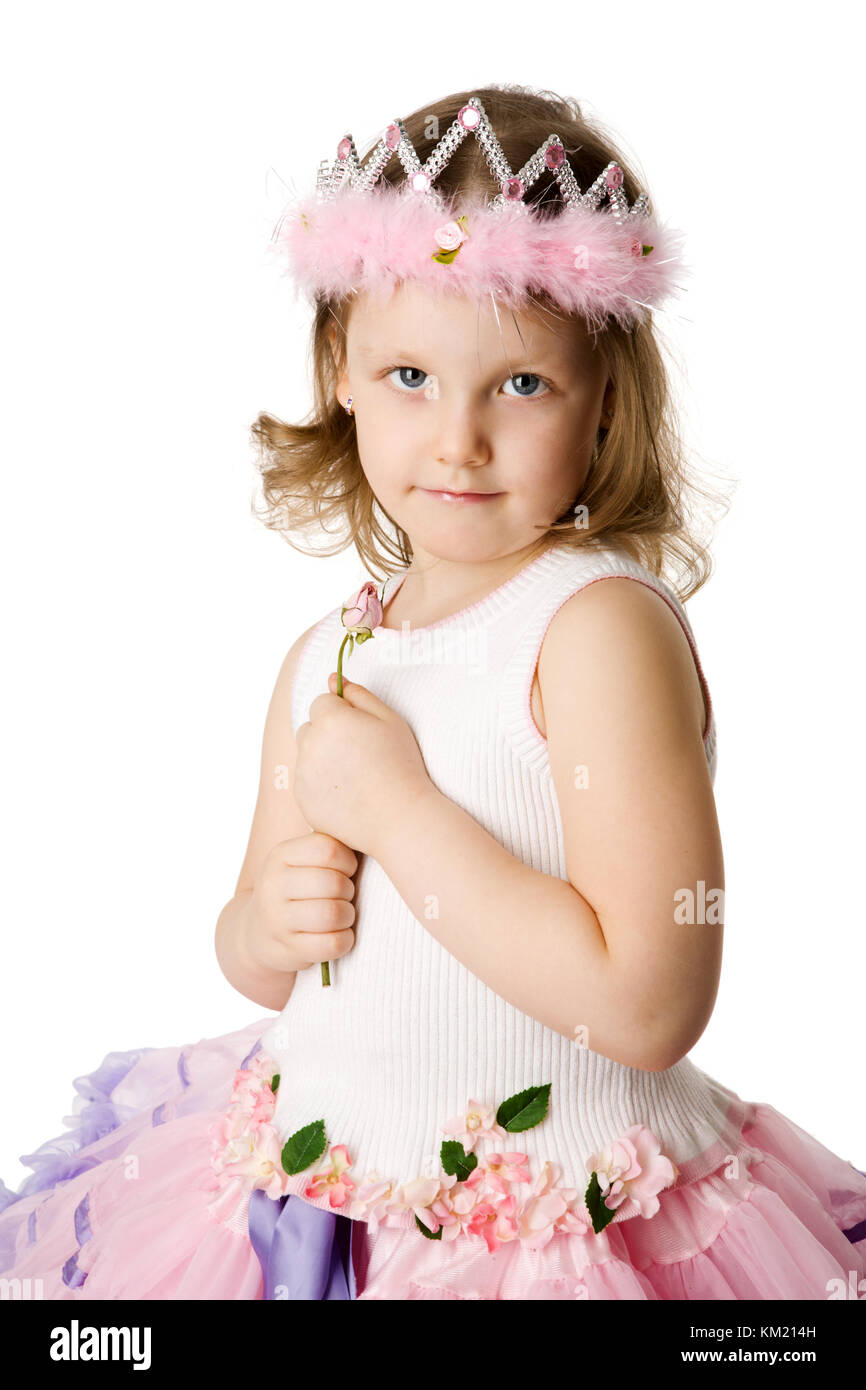 Happy little princess holding rose isolated on white Stock Photo - Alamy