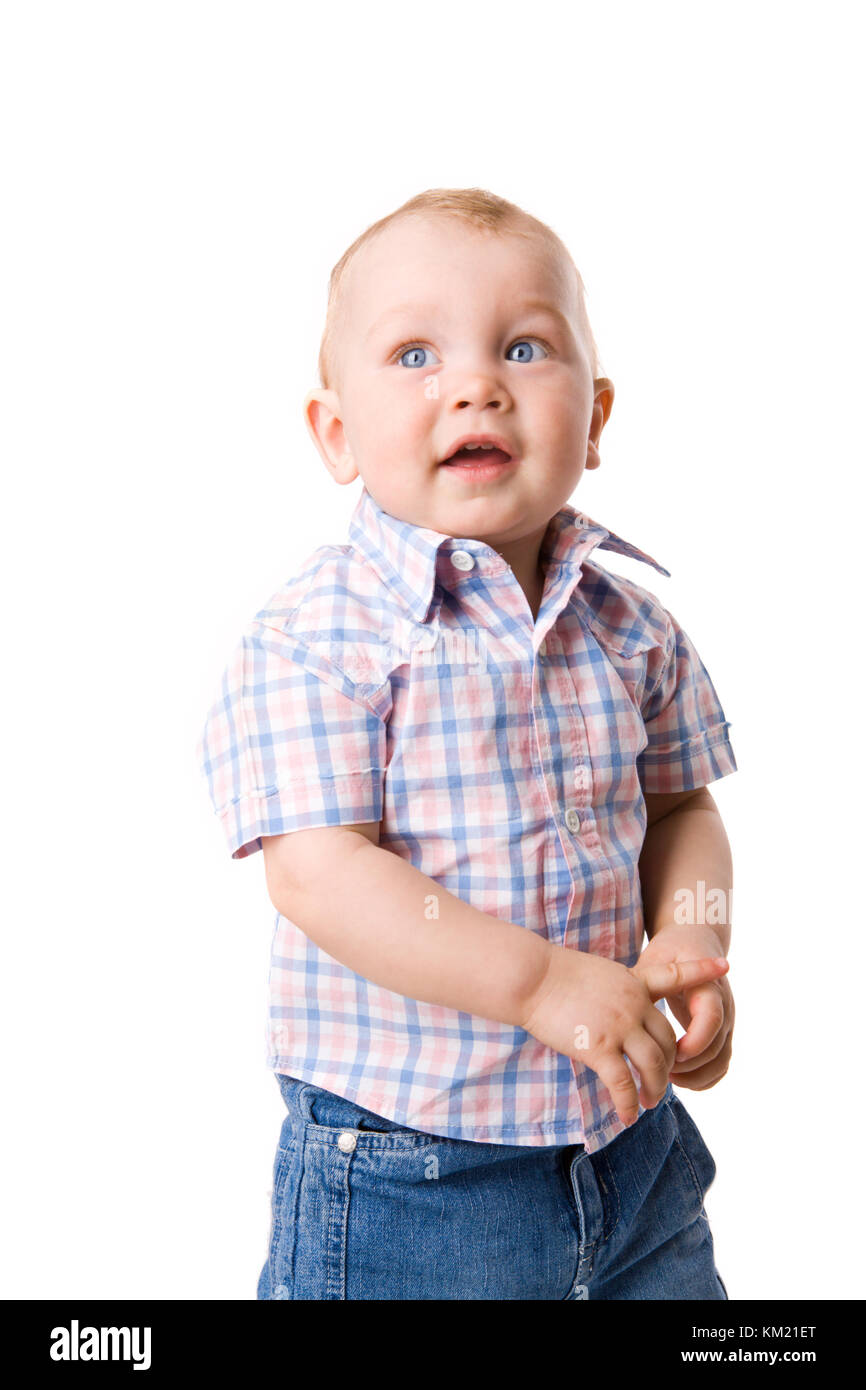 One year boy standing looking up isolated on white Stock Photo - Alamy