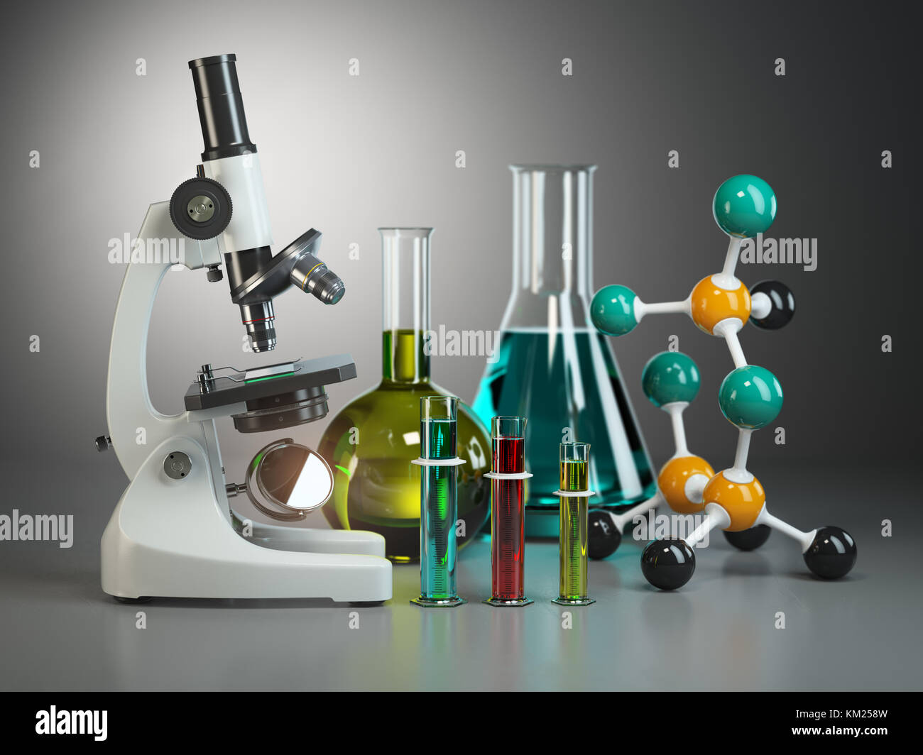 Microscope with flasks, vials and model of molecule. Chemistry or ...