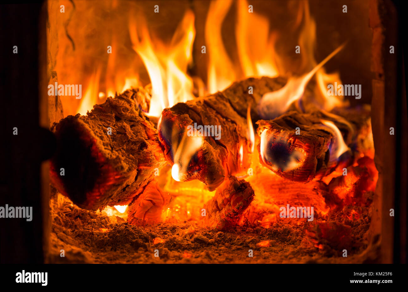 Fire and coals in brick fireplace furnace Stock Photo - Alamy