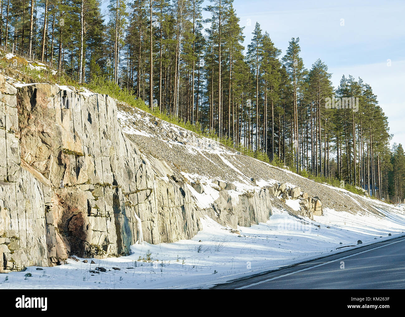 Snowy forest at the road in winter Rovaniemi, Lapland, Finland Stock ...