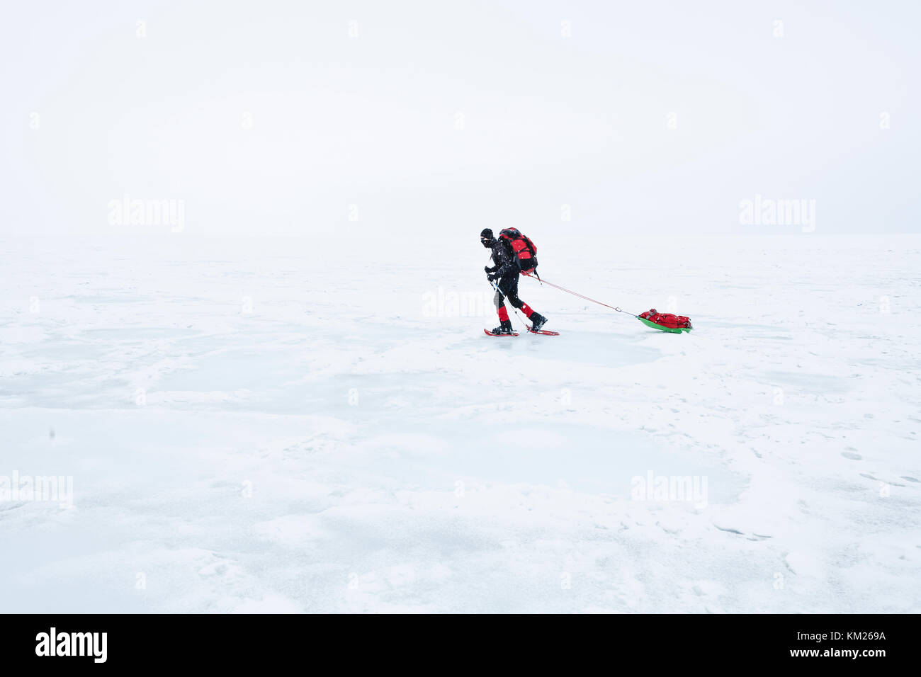 Athlete training for polar mountaineering expedition by pulling sled ...