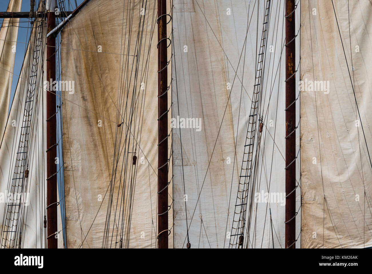 Close-up of tan stained sails of the 3-masted topsail schooner ...