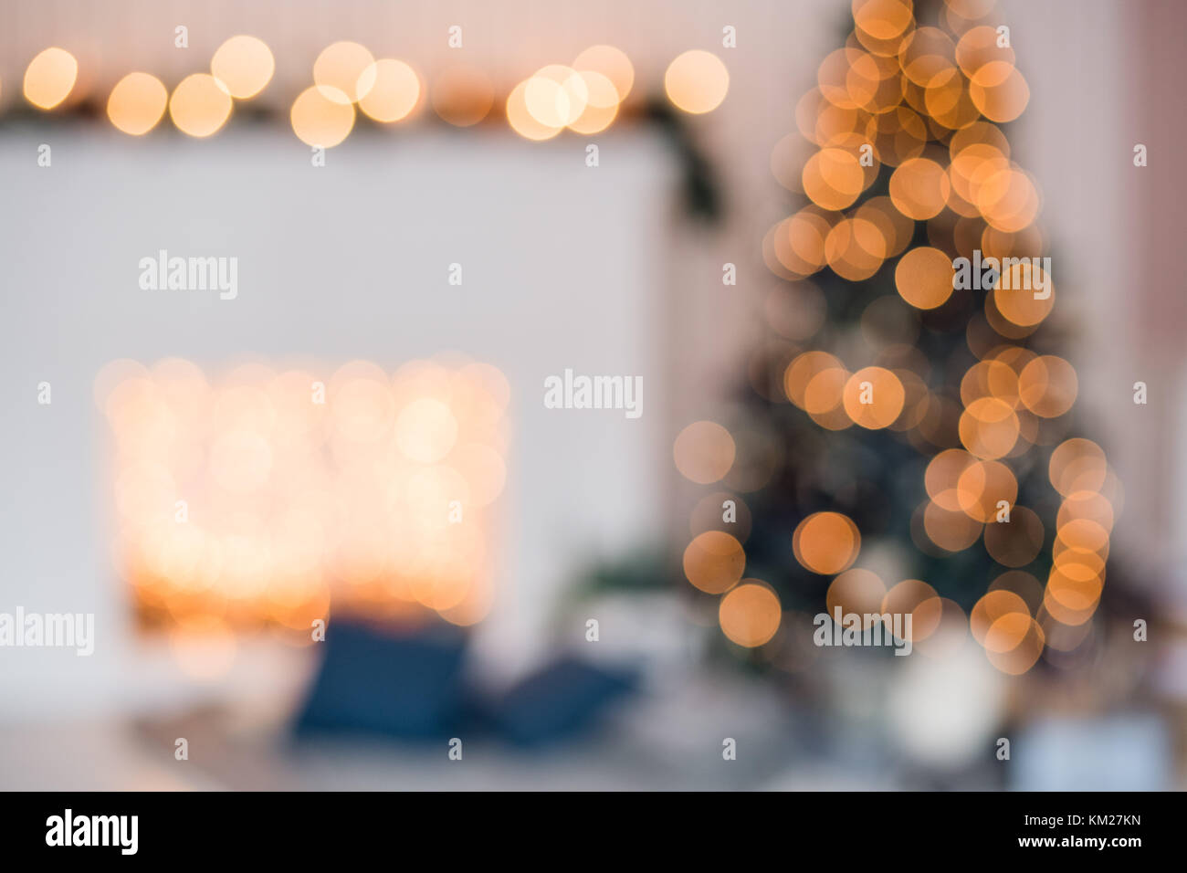 Blurred christmas background with fireplace and christmas tree Stock ...