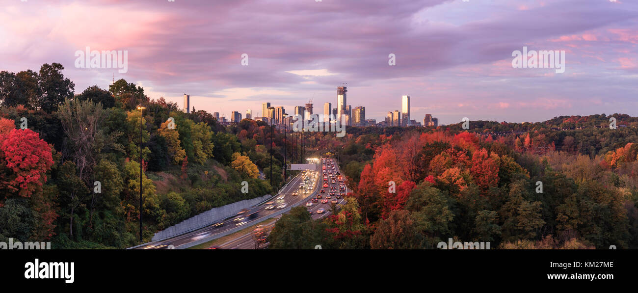 Cars heading towards downtown Toronto through the scenic Don Valley at ...