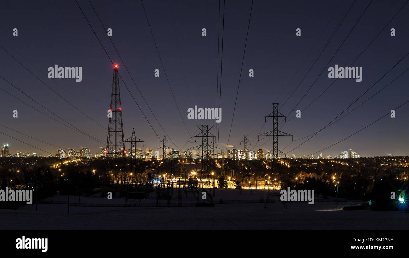 Yonge Street and power transformer substation seen at night in Toronto ...