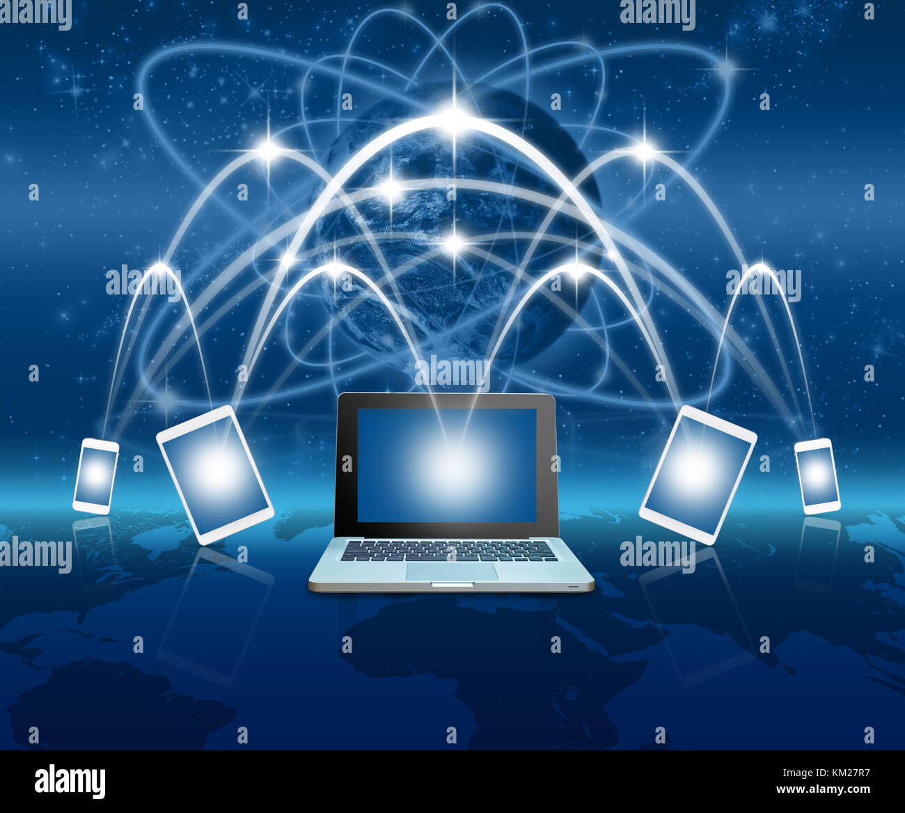 Laptops, tablet and smart mobile phone against globe blue over earth ...
