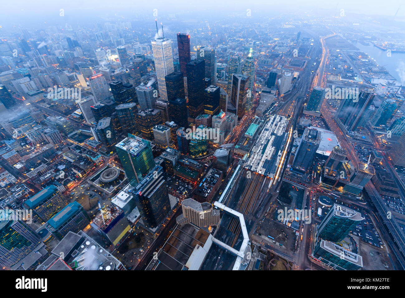 Stunning aerial view of downtown Toronto, high above the financial ...