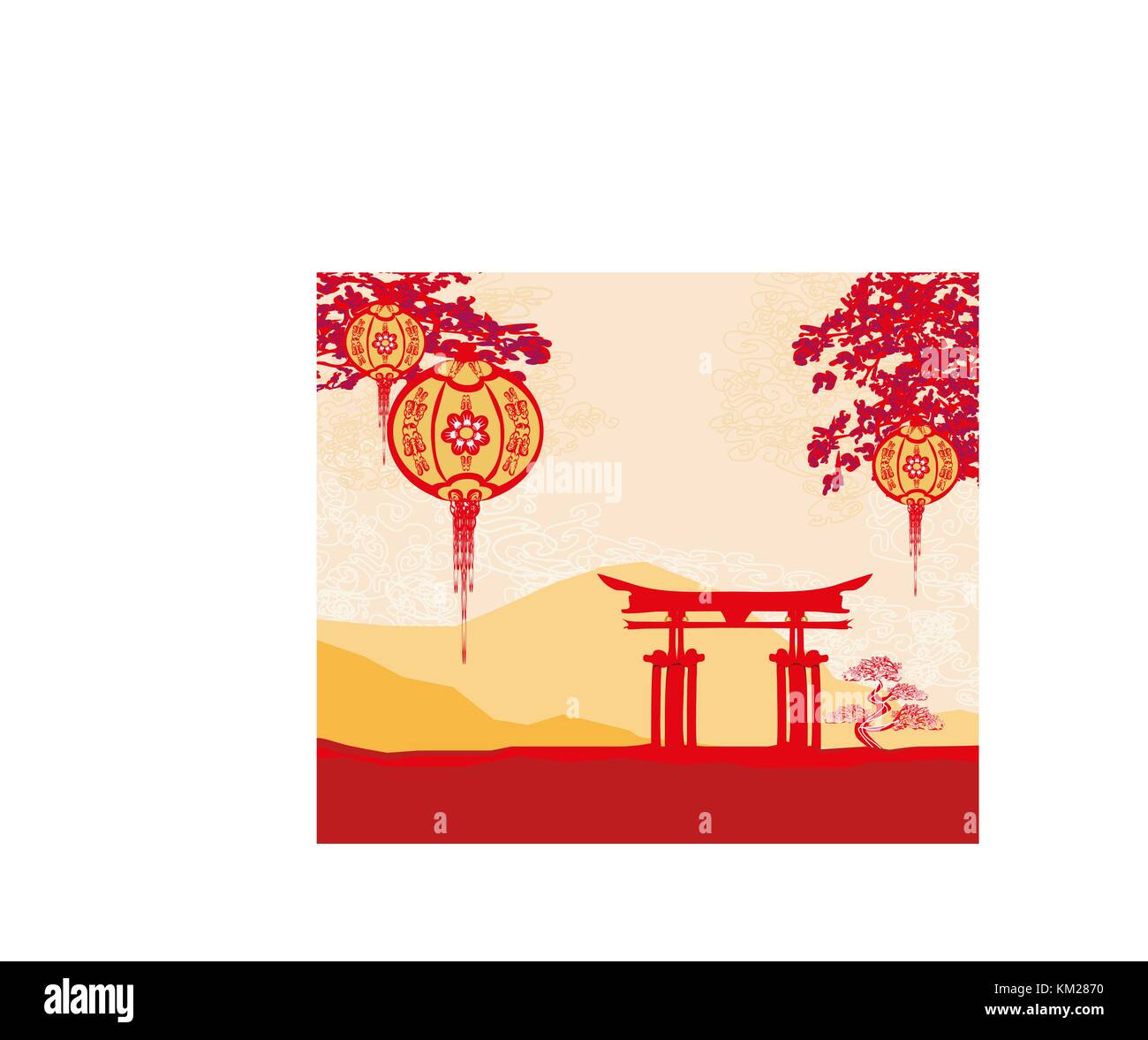 Beautiful landscape japan old building silhouette asian card Stock ...
