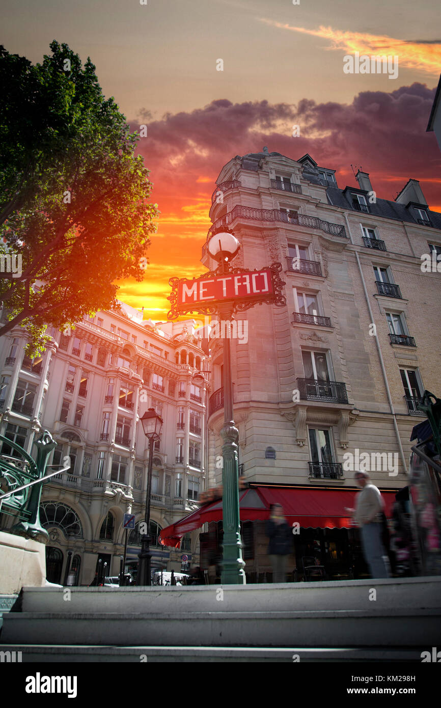 Montmartre, France. Street with houses. Sunset in Paris Stock Photo - Alamy