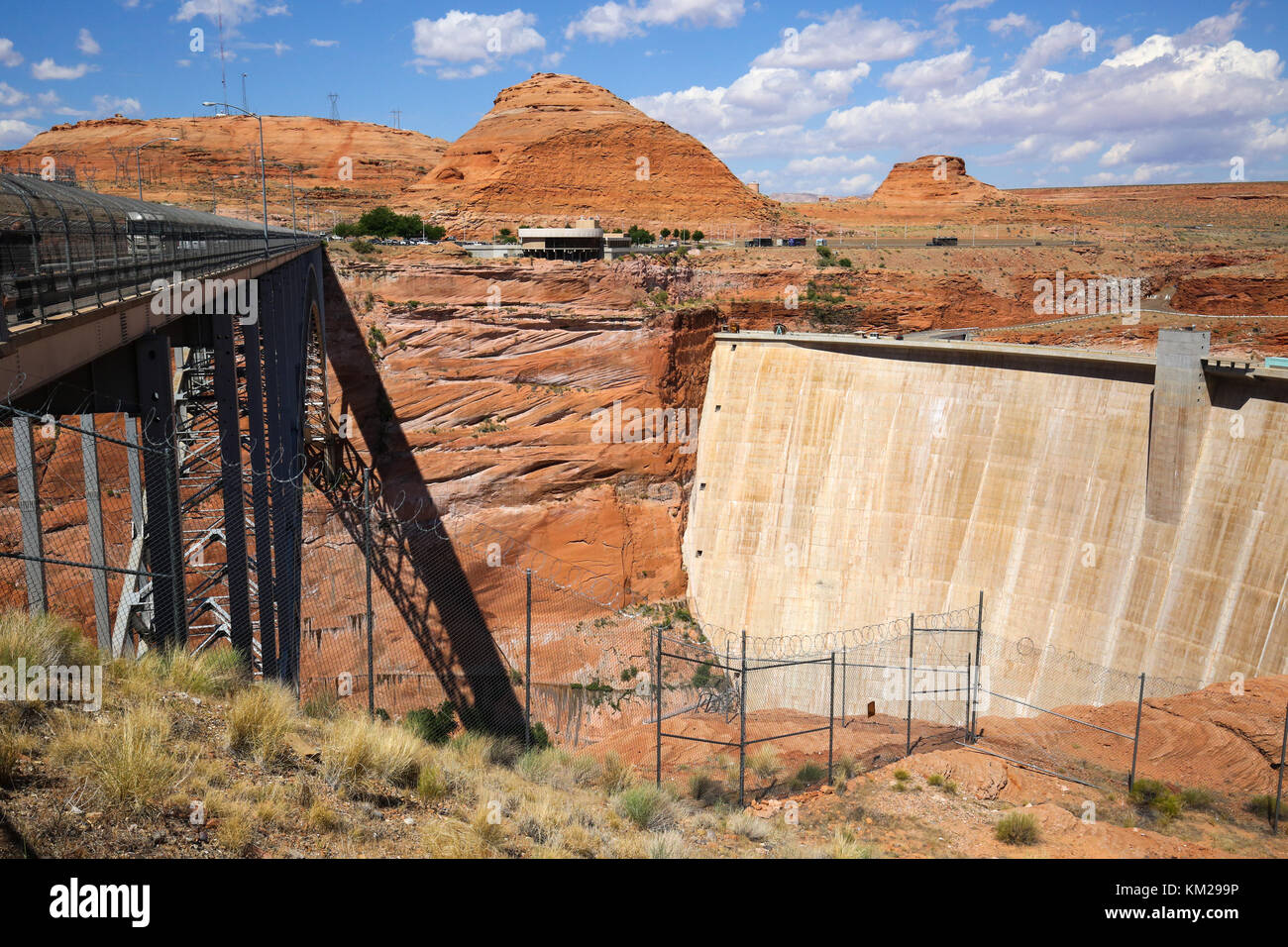 Glen Canyon Dam with highway bridge to the left of the dam Stock Photo ...