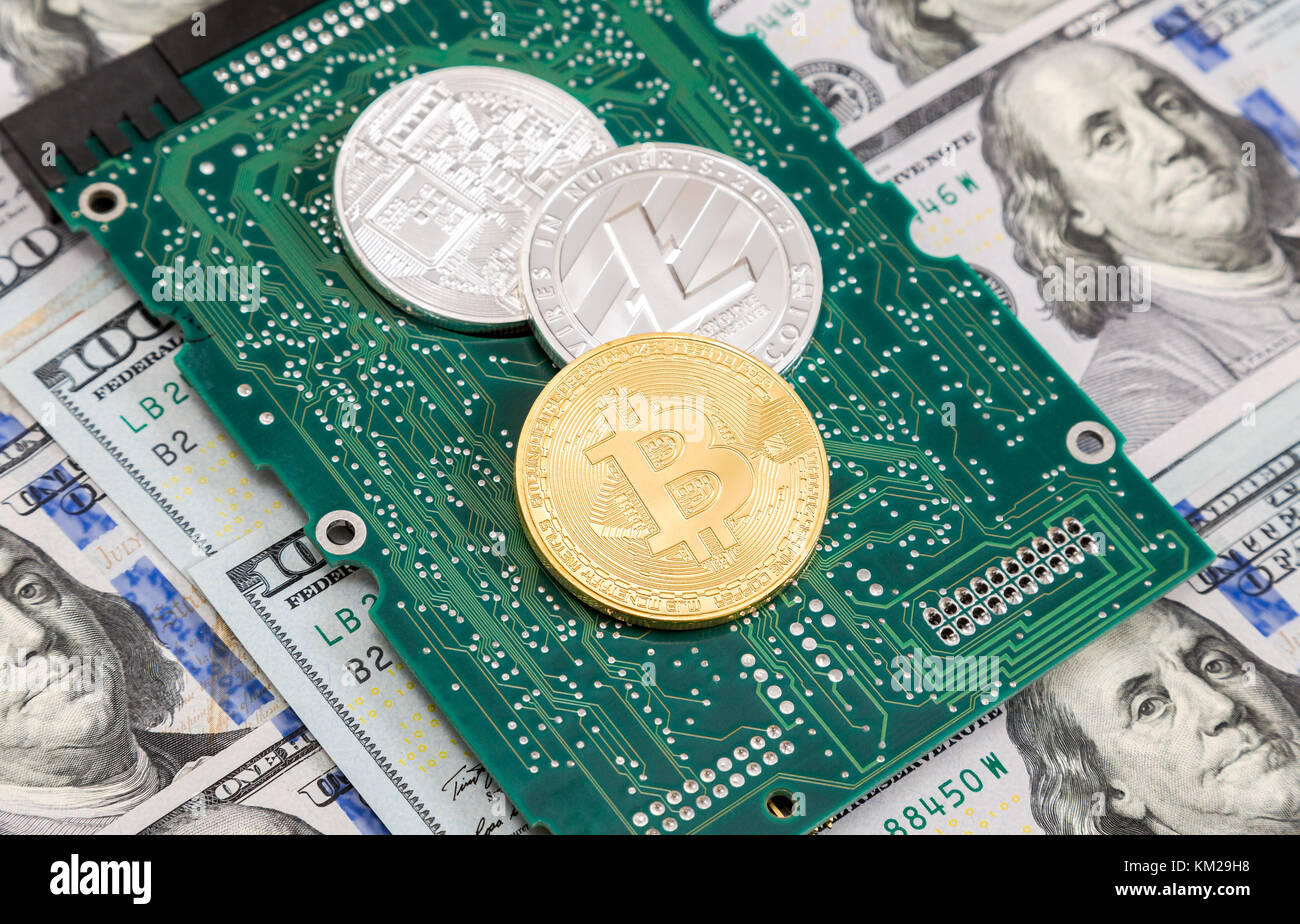 Coins of digital cryptocurrency, electronic computer component and ...