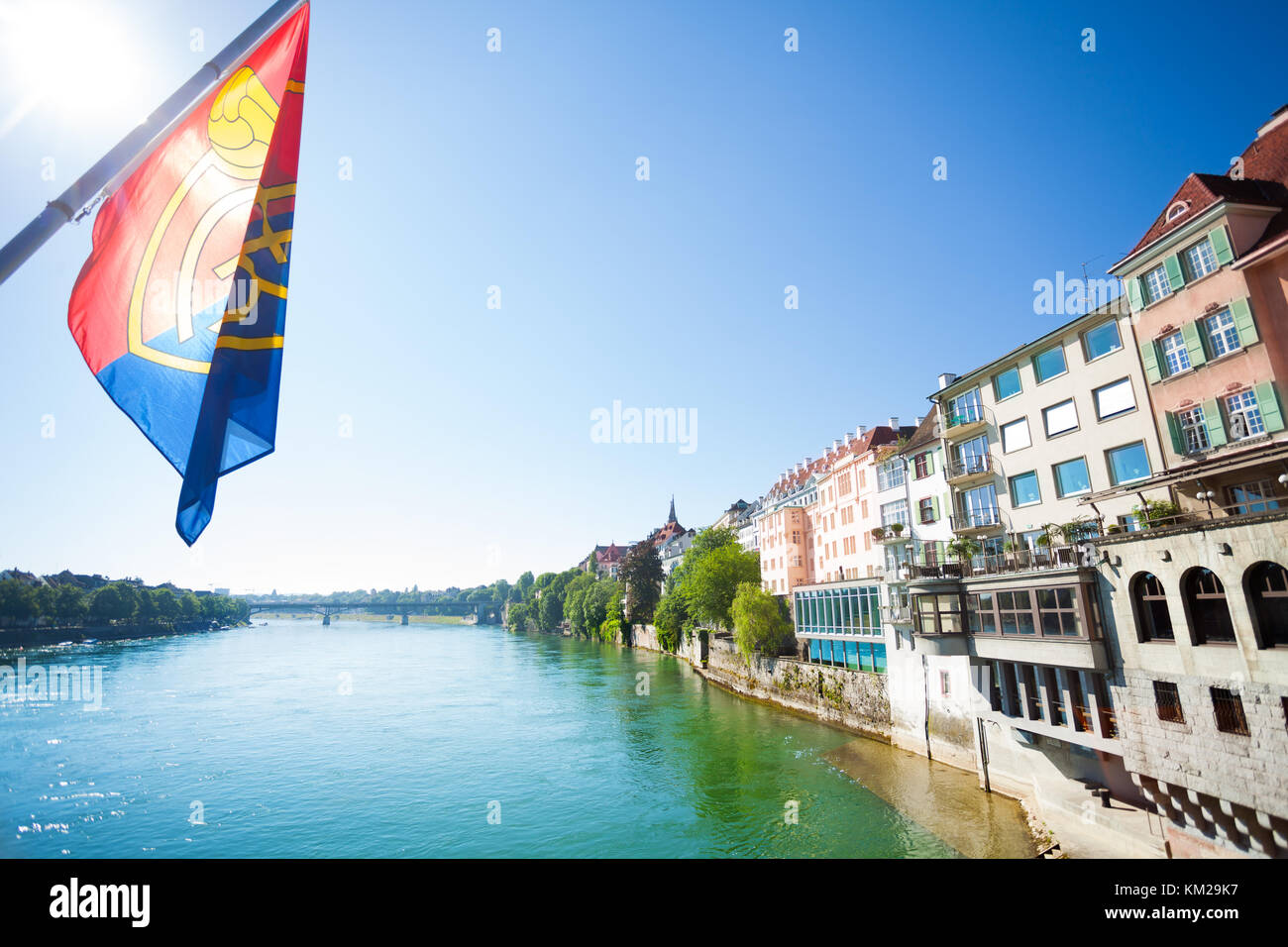 Scenic view of Basel waterfront and the Rhine river from Middle Bridge ...