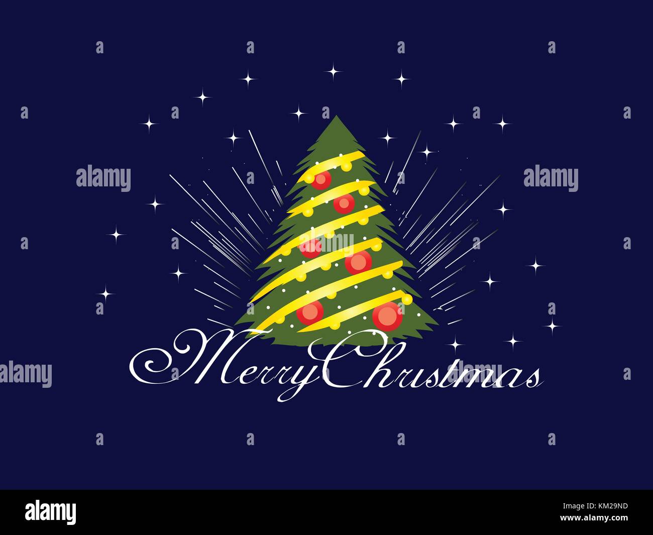 merry christmas with tree,script lettering and rays,stars ...