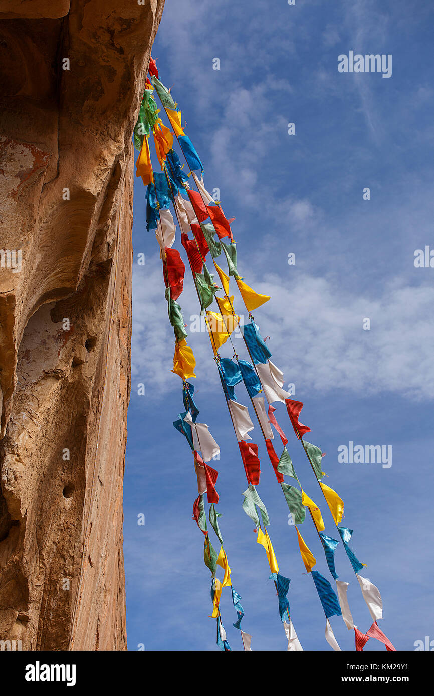 Buddhist prayer flags on the facade of the Matisi temple in China Stock ...