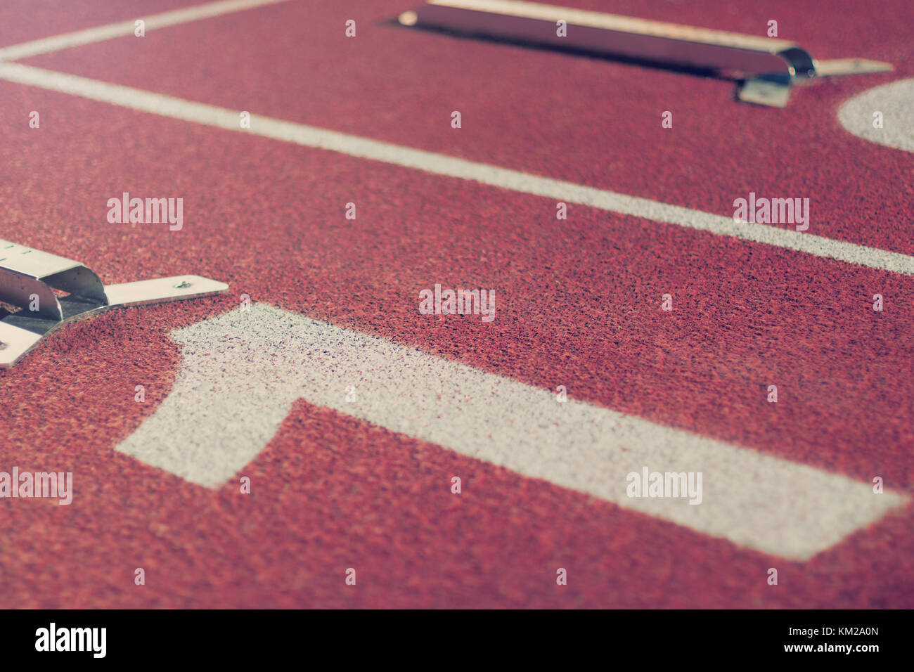 Starting line. Red running track with lane numbers. Sport Background ...