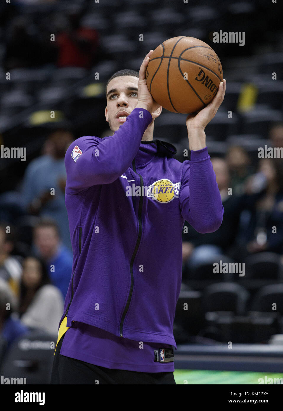 Denver, Colorado, USA. 2nd Dec, 2017. Lakers LONZO BALL readies to take a shot during warm-ups ...