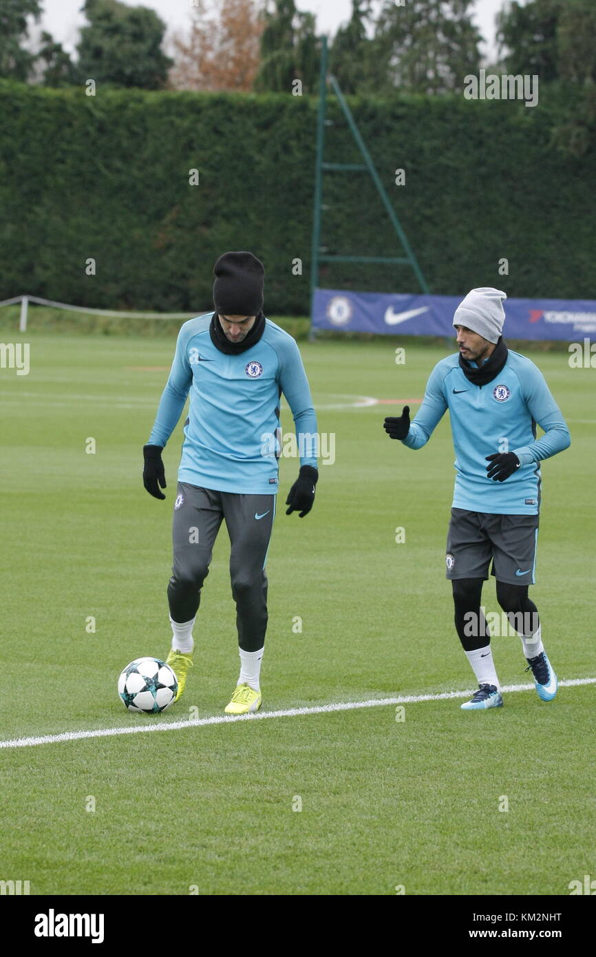Cobham, Surrey, UK. 4th Dec, 2017. Pedro and Fabregas and Chelsea ...