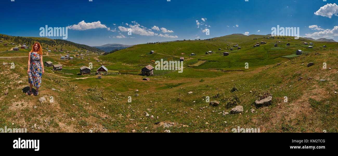 Young happy woman and High-Resolution Landscape Panorama of Adjara ...